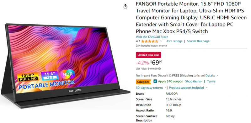 FANGOR Portable Monitor, 15.6 FHD 1080P Travel Monitor for Laptop ...